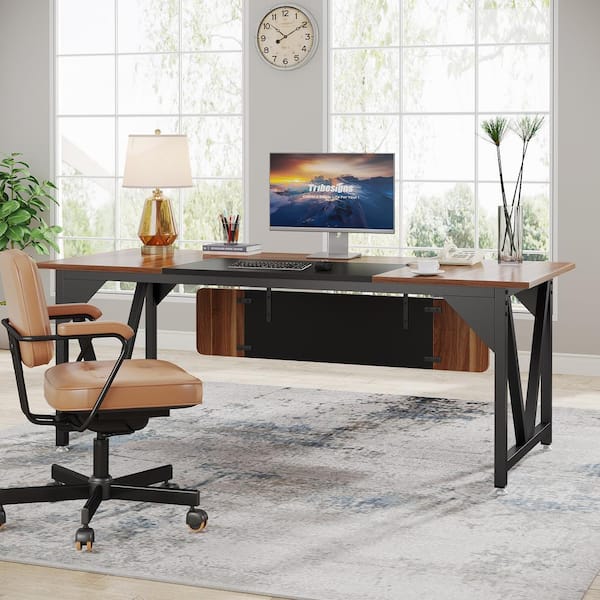 BYBLIGHT 70.86 in. Rectangular Brown Wood 3-Shelf Executive Desk with ...