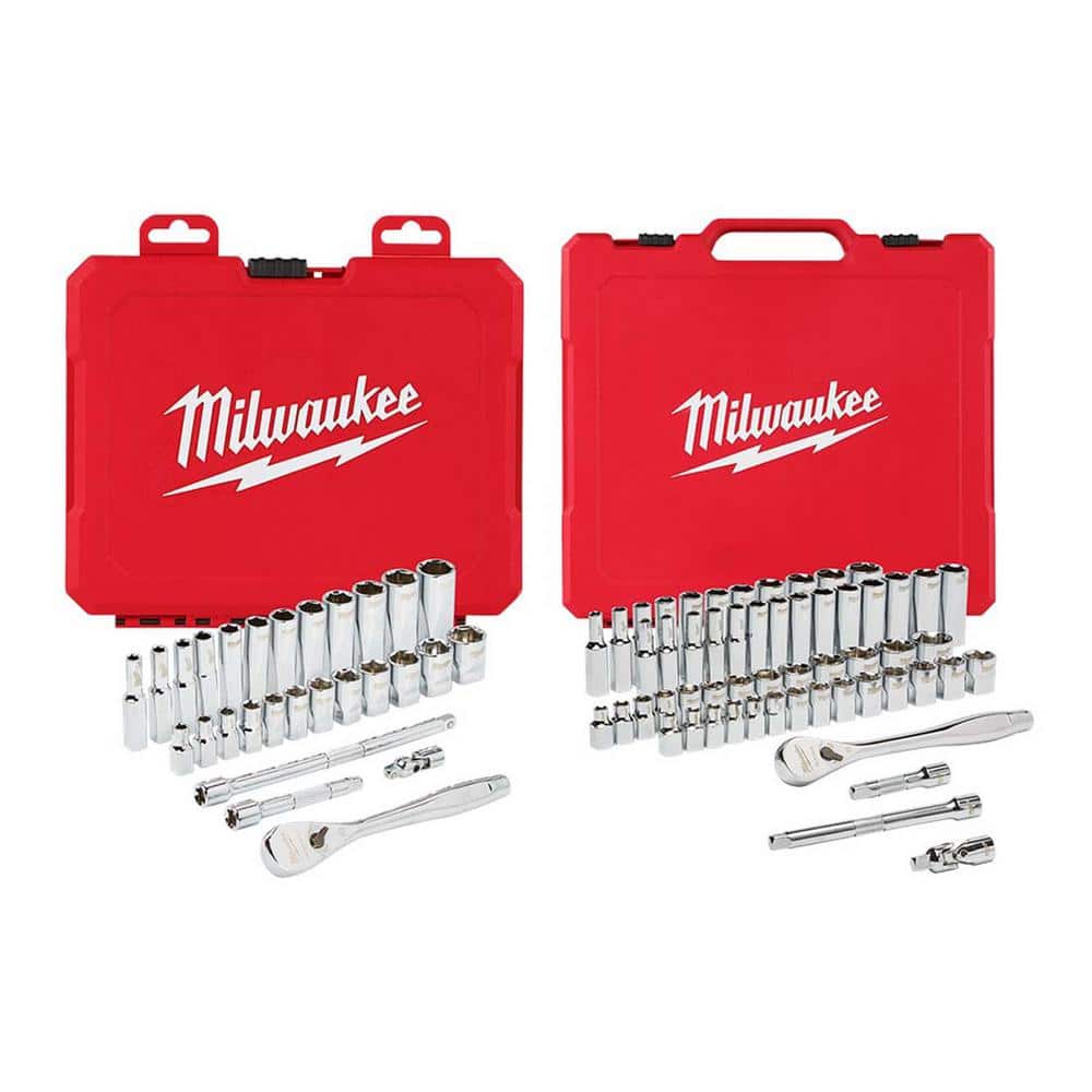 Milwaukee 1/4 in. Drive Metric Ratchet/Socket Mechanics Tool Set with 3/8 in. Drive SAE/Metric ...