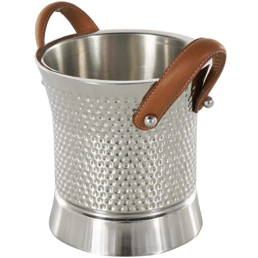 Litton Lane Silver Stainless Steel Metal Hammered Ice Bucket with Brown ...