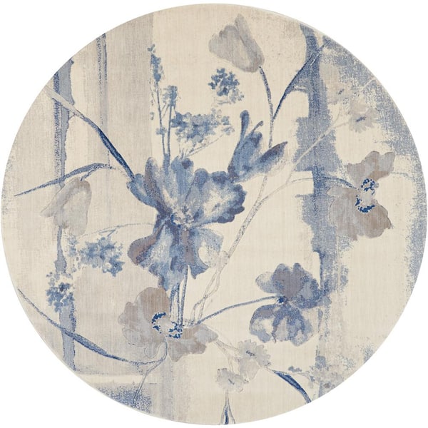 Nourison Somerset Ivory/Blue 8 ft. x 8 ft. Floral Contemporary Round ...