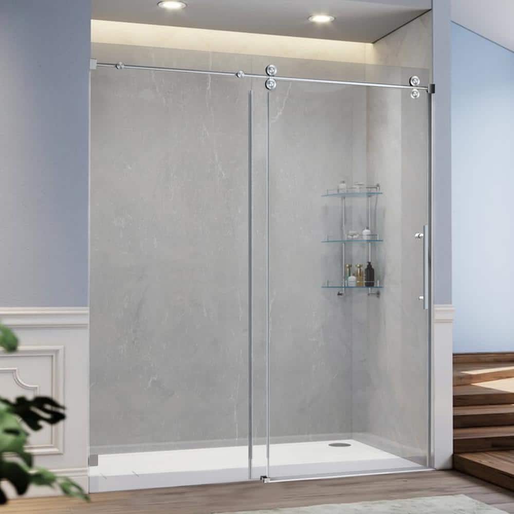 ANGELES HOME 56-60 in. W x 76 in. H Frameless Single Tub Door Shower Door in Brushed Nickel with ...