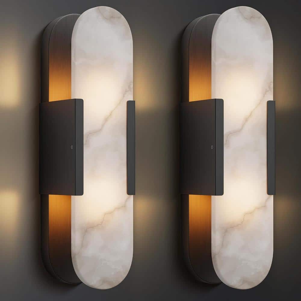 YUYI 19.8 in. 2-Light Alabaster Black Wall Sconce, Natural Marble Wall ...