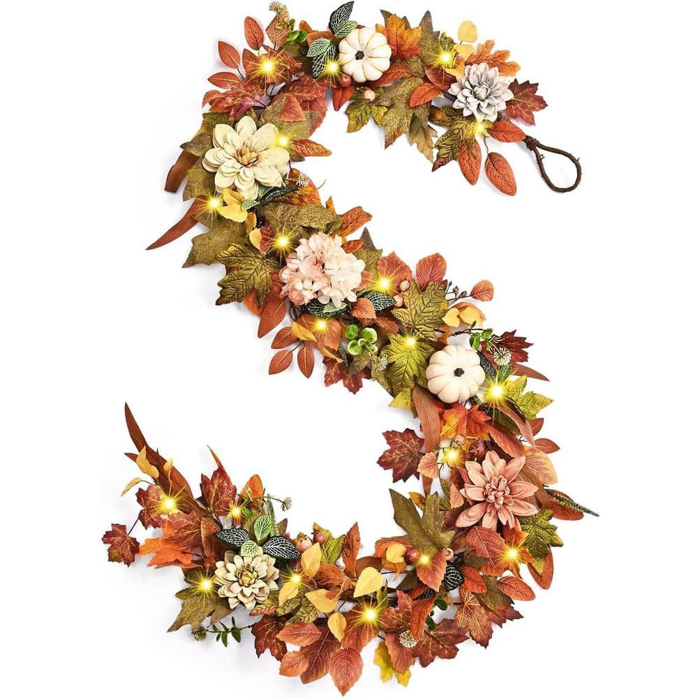 6 ft. Orange Artificial Fall Garland with Lights Leaf Pumpkin Garlands ...