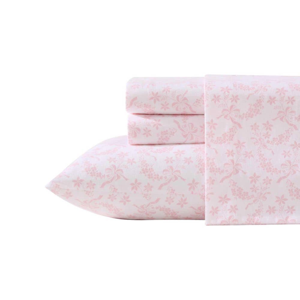 Laura Ashley Antoinette 4-Piece White/Soft Pink Flannel Cotton Full ...