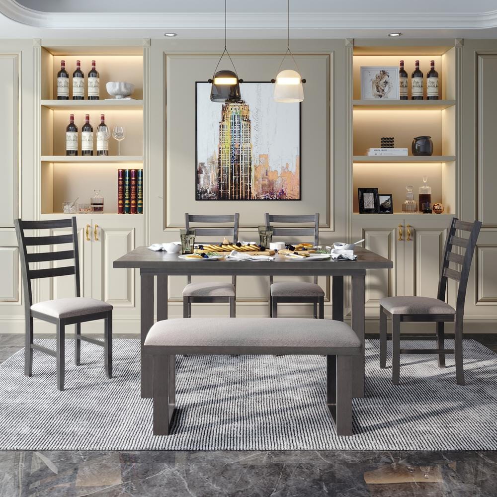 Harper & Bright Designs 6-Piece Rectangle Wood Top Gray Dining Table ...