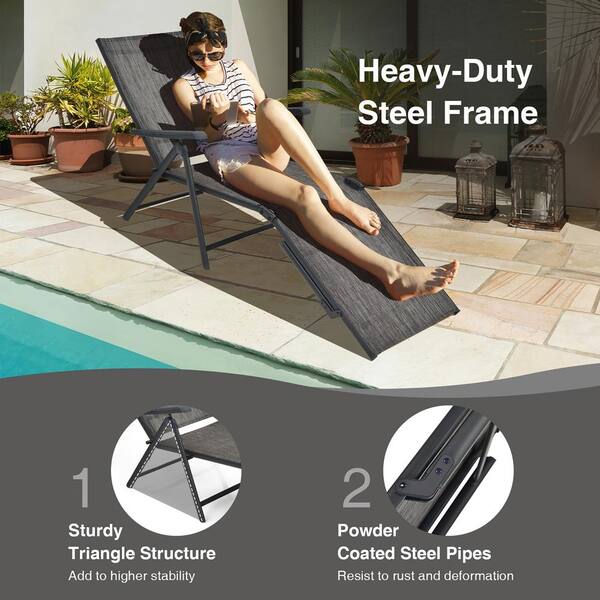 Costway Patio Foldable Chaise Lounge Chair Reclining with Adjustable Backrest Grey 2 Pack