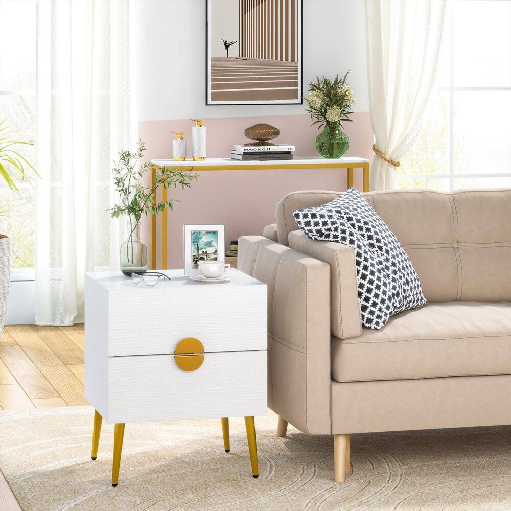 BYBLIGHT Fenley 2-Drawer White Nightstand with Adjustable Feet Pad 19.7 ...