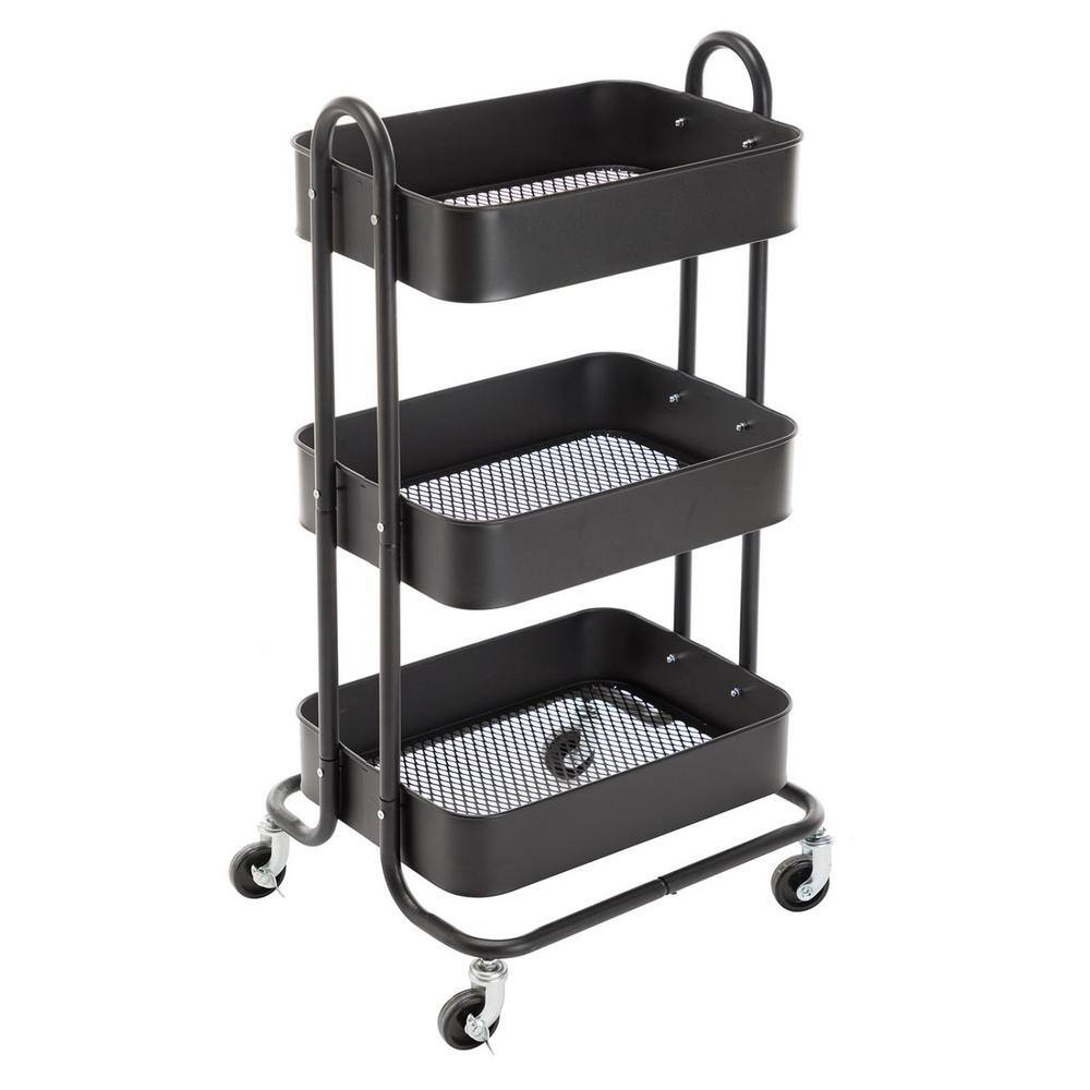 Huluwat 3-Tier Metal 4-Wheeled Shelves Storage Drawer Cart in Black RY ...