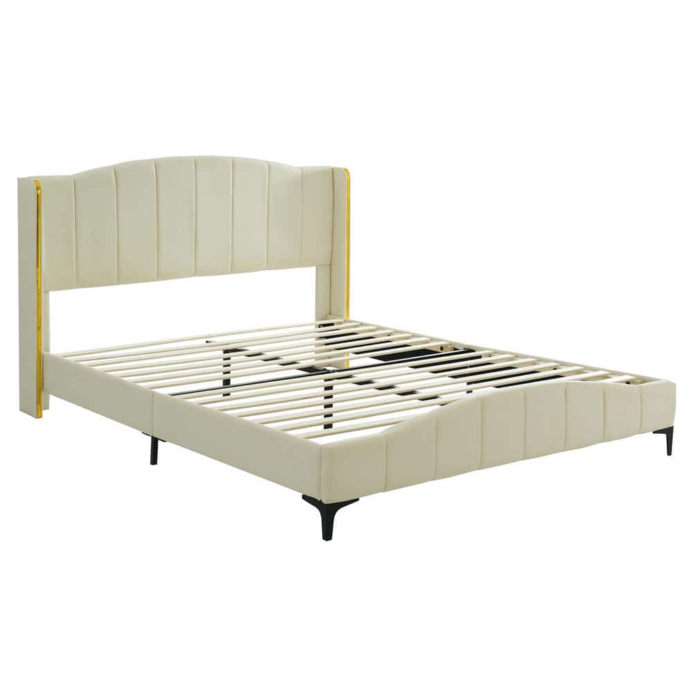 Polibi Beige Wood Frame Queen Size PU Leather Upholstered Platform Bed ...