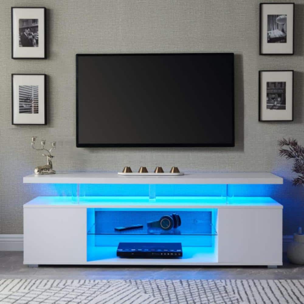 Clihome White TV Stand LED Gaming Entertainment Center Media Storage Console Fits TV's up to 70 ...