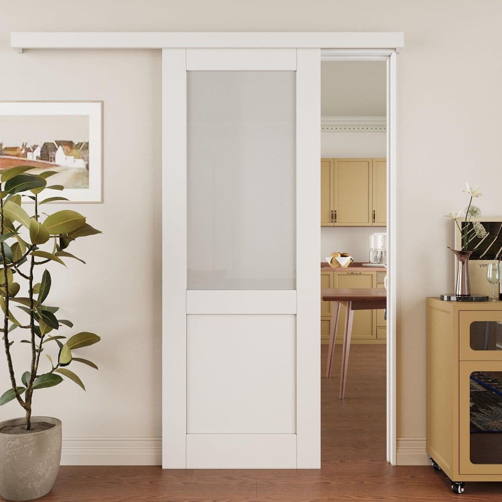EH PUERTA 30 in. x 80 in. Hidden Track Style 1/2 Lite Frosted Glass ...