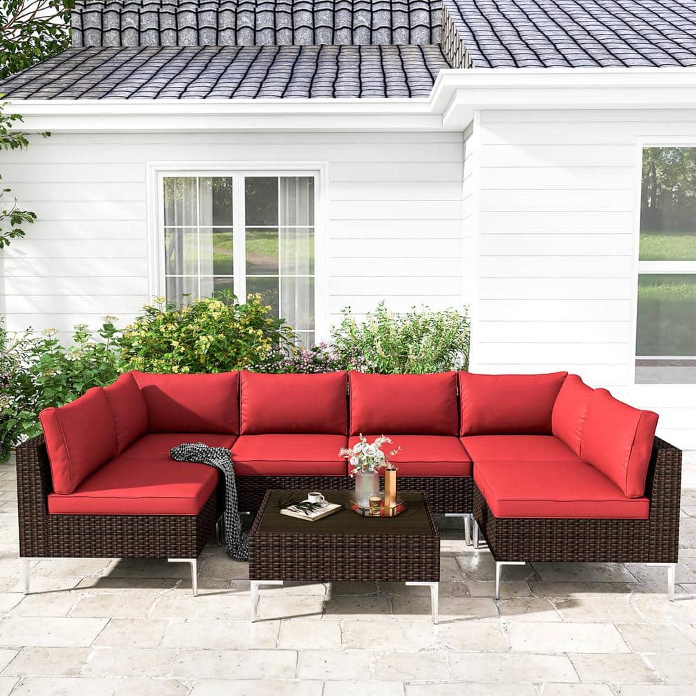 Cesicia 7-Pieces Wicker Outdoor Sectional Sofa Patio Lawn Conversation ...