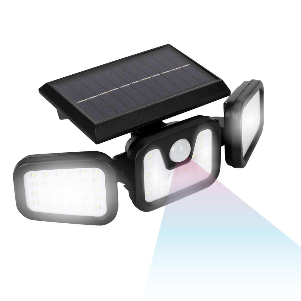 TECHKO 3-Head 185 Lumen Matte Black Solar Integrated LED Outdoor Motion ...