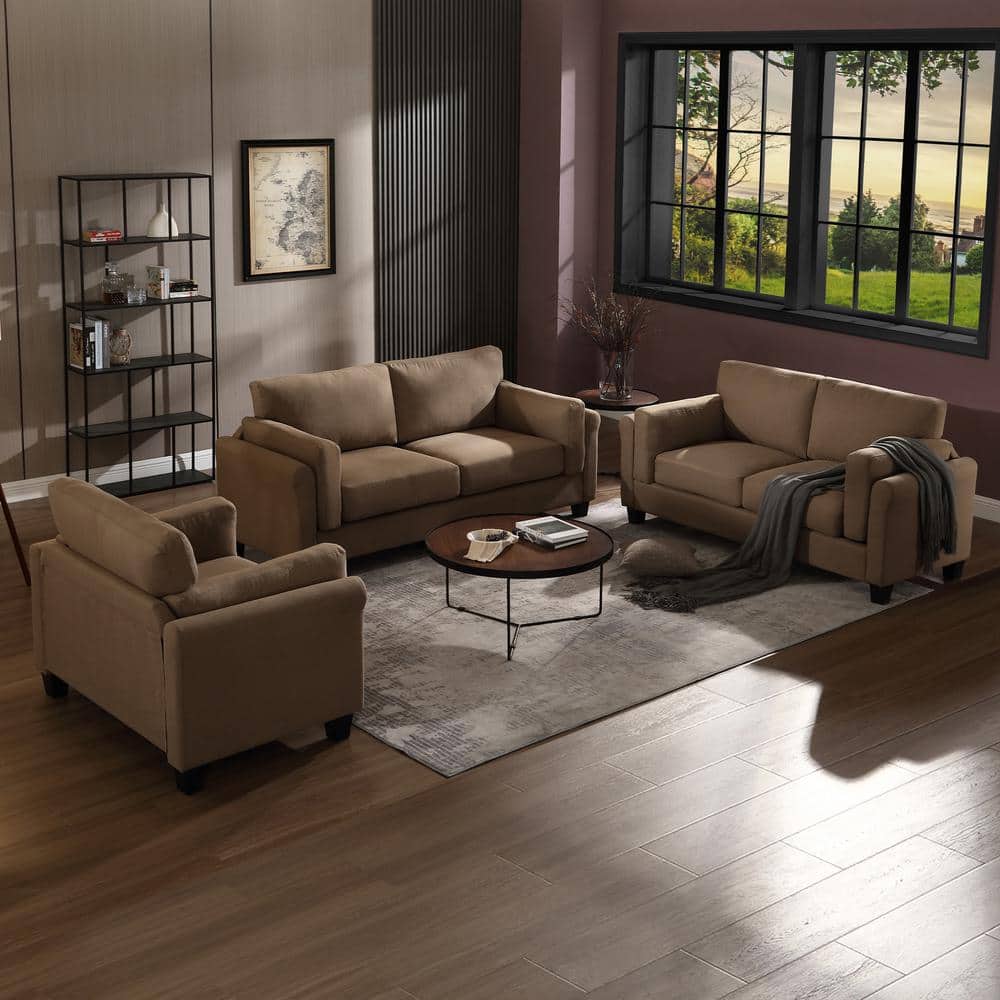 Reviews for Morden Fort Mid-Century Luxury Sofas 3-Piece Brown Linen-Like Living Room Set Couch ...