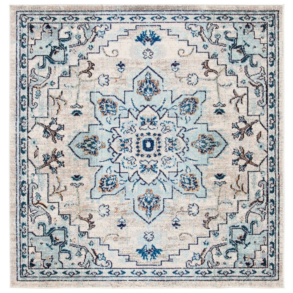 SAFAVIEH Madison Ivory/Light Blue 5 ft. x 5 ft. Border Geometric Floral ...