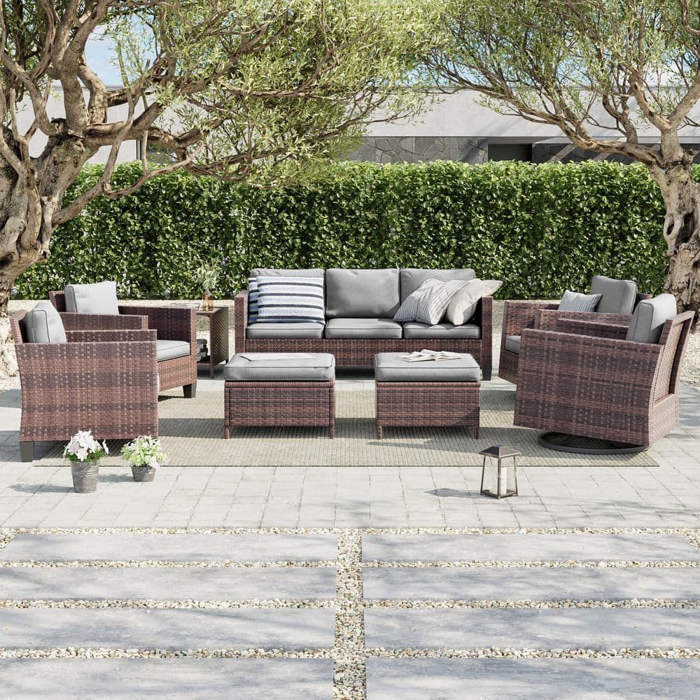 Sonkuki 8-Piece Patio Sofa Set Brown Wicker Outdoor Furniture Set ...
