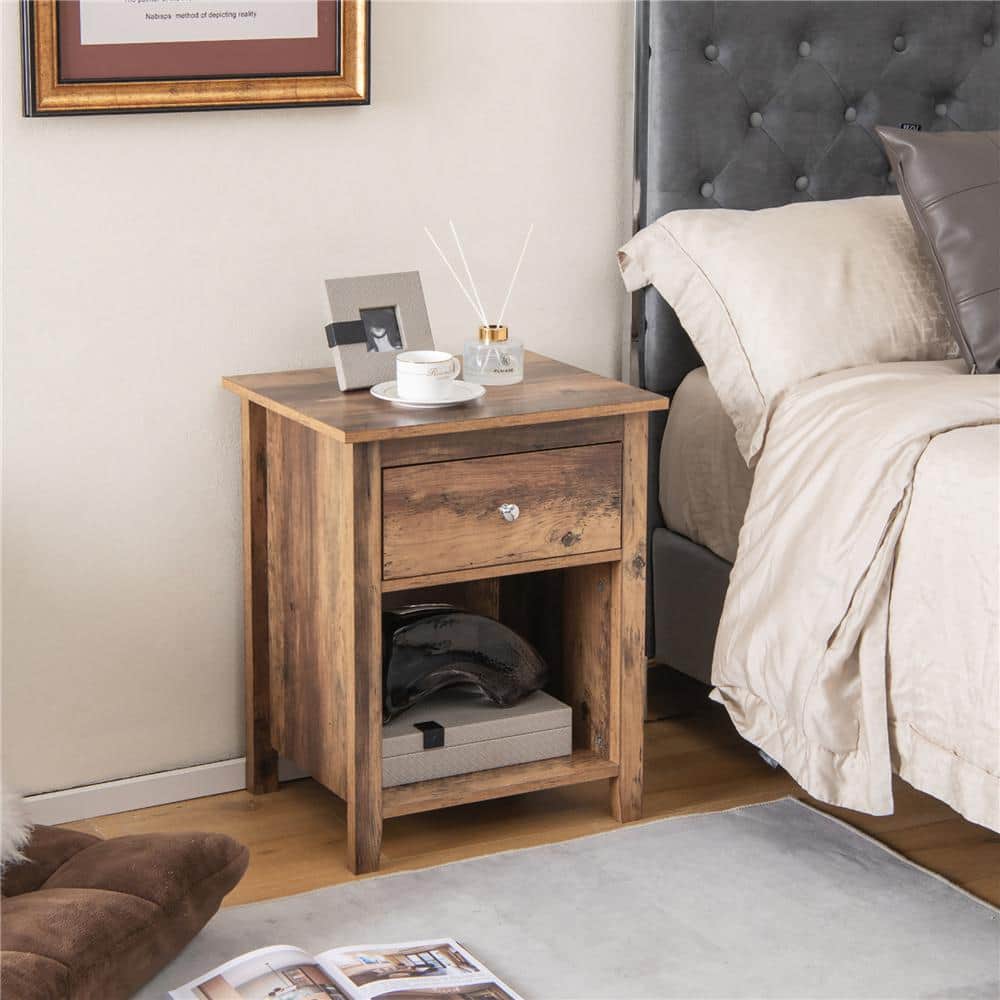 Costway Rustic Brown 1-Drawer 19 in. W Nightstand Bedside Table with ...