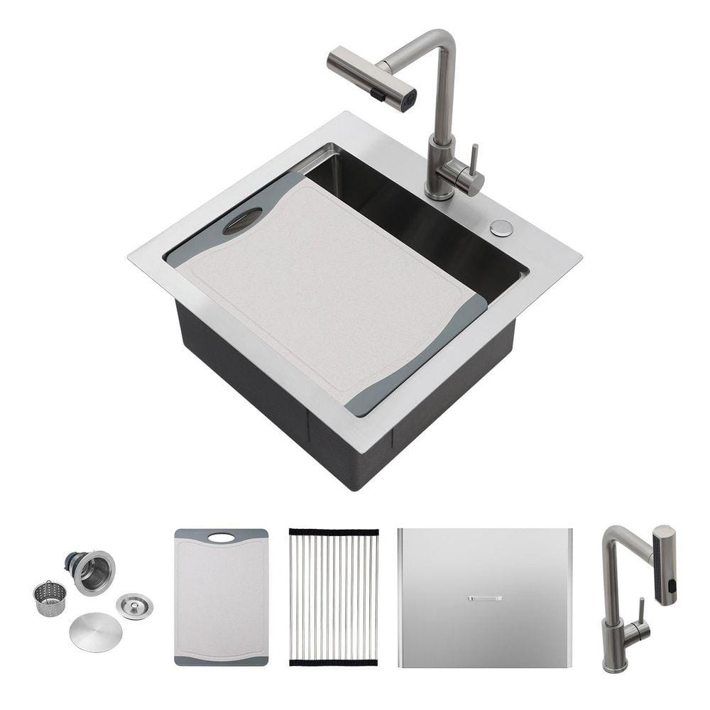 Logmey 21 in. x 20 in. Drop-In Single Bowl Workstation Kitchen Bar Sink ...
