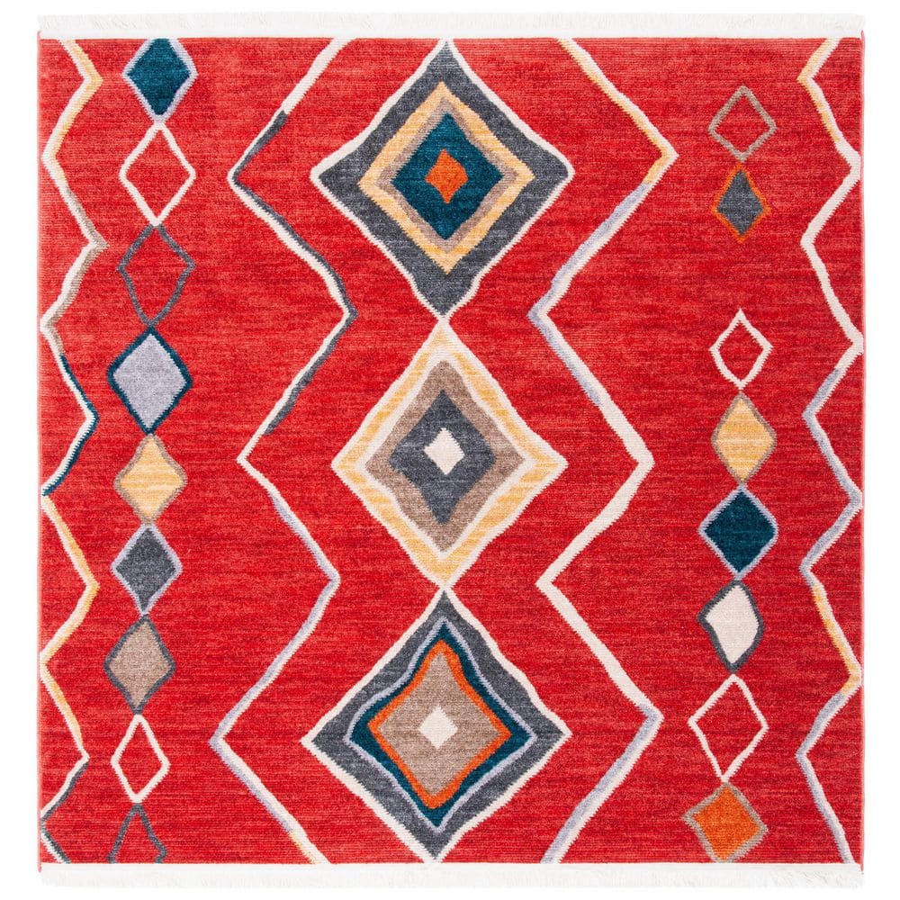 SAFAVIEH Farmhouse 7 ft. x 7 ft. Red/Gold Diamond Zig-Zag Square Area ...
