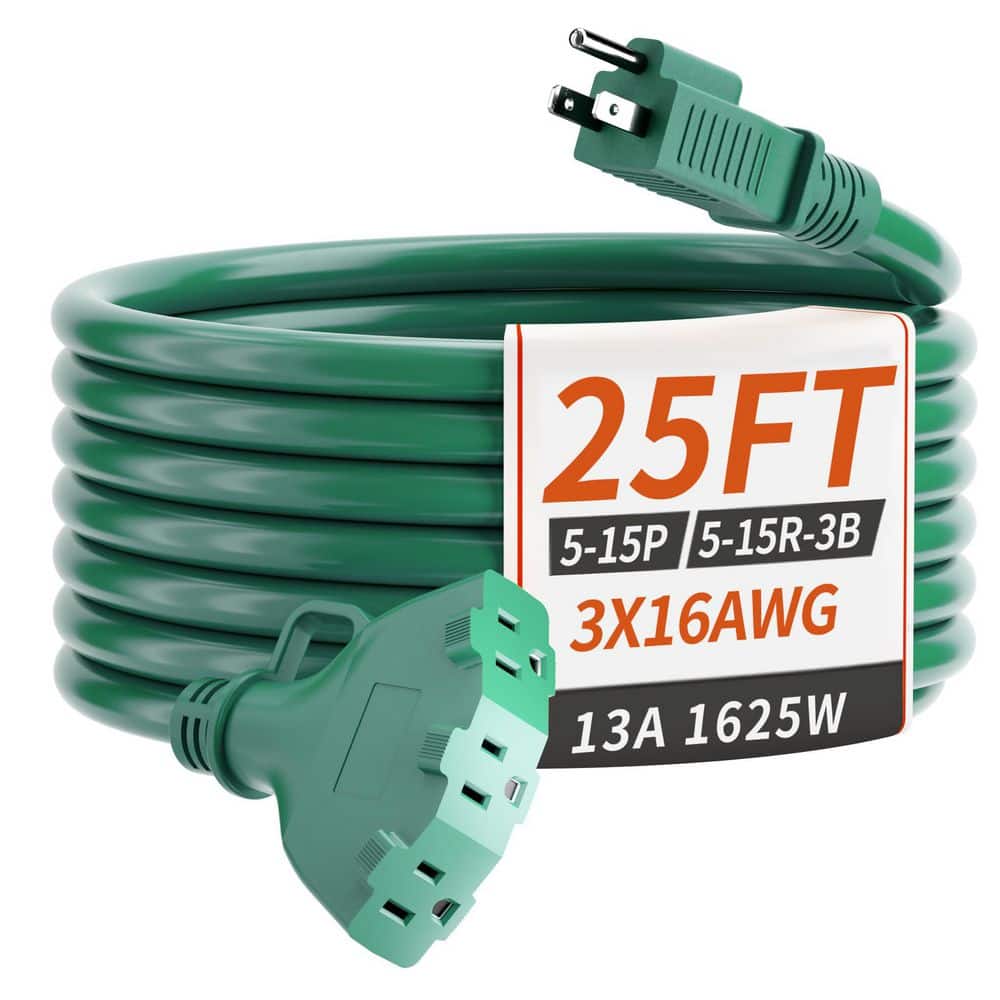 25 ft. 1625W 16/3 Outdoor Extension Cord with Multiple Outlets Green ...