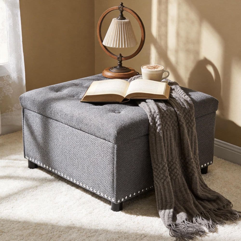 Noble House Peyton Light Gray 30 in. Square Polyester Storage Ottoman ...