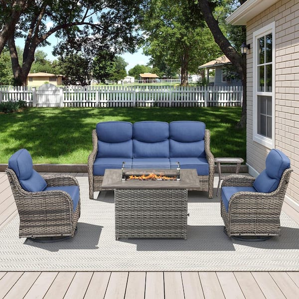 Opohoro Arcadia Gray 5-Piece Wicker Outdoor Patio Fire Pit Deep Seating ...