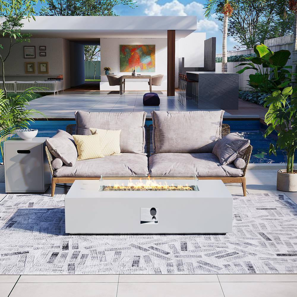 UPHA 56 in. Outdoor Rectangular Iron White Fire Pit Table with Propane ...