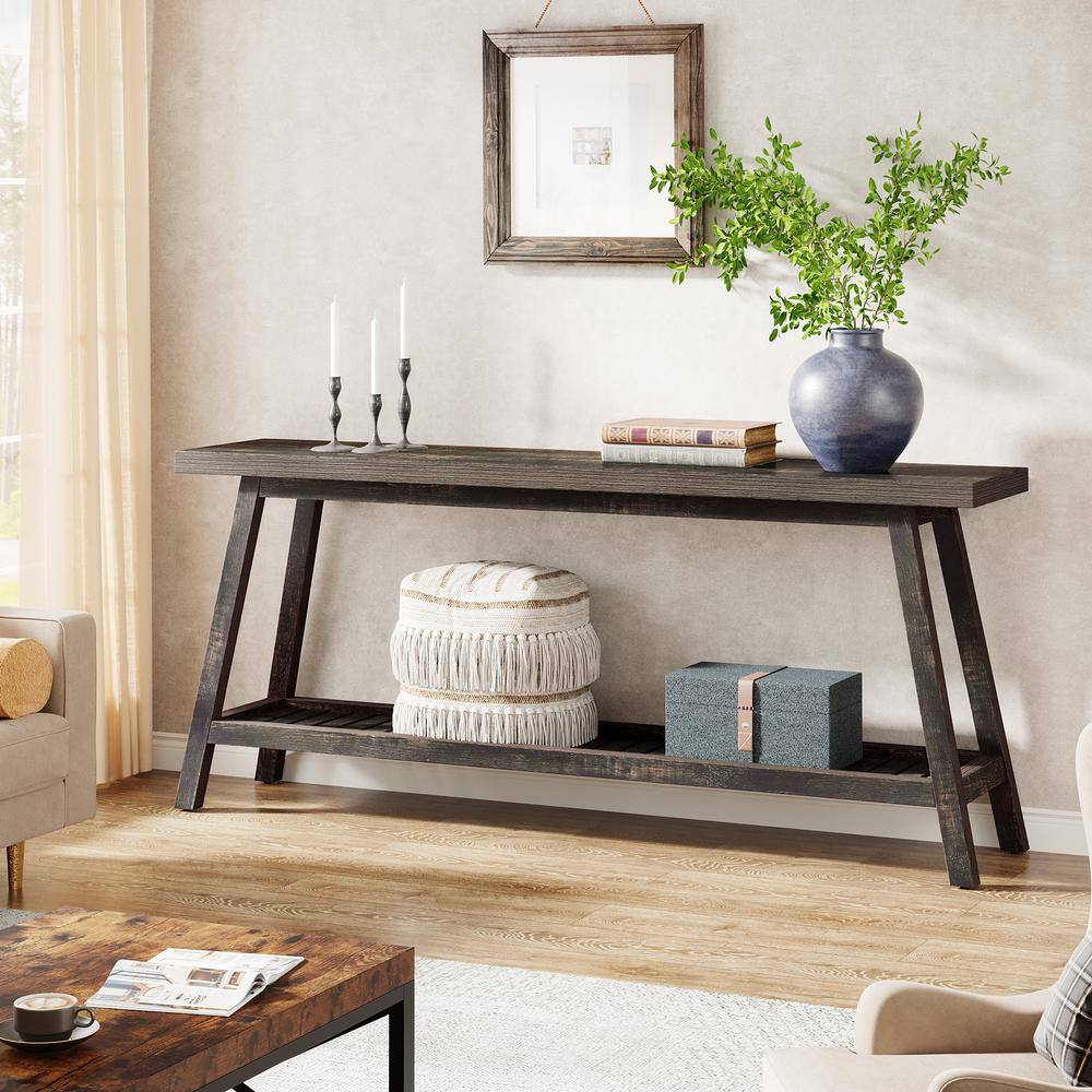 BYBLIGHT Turrella 70.9 in. Brown Rectangle Wood Console Table, 2-Tier ...