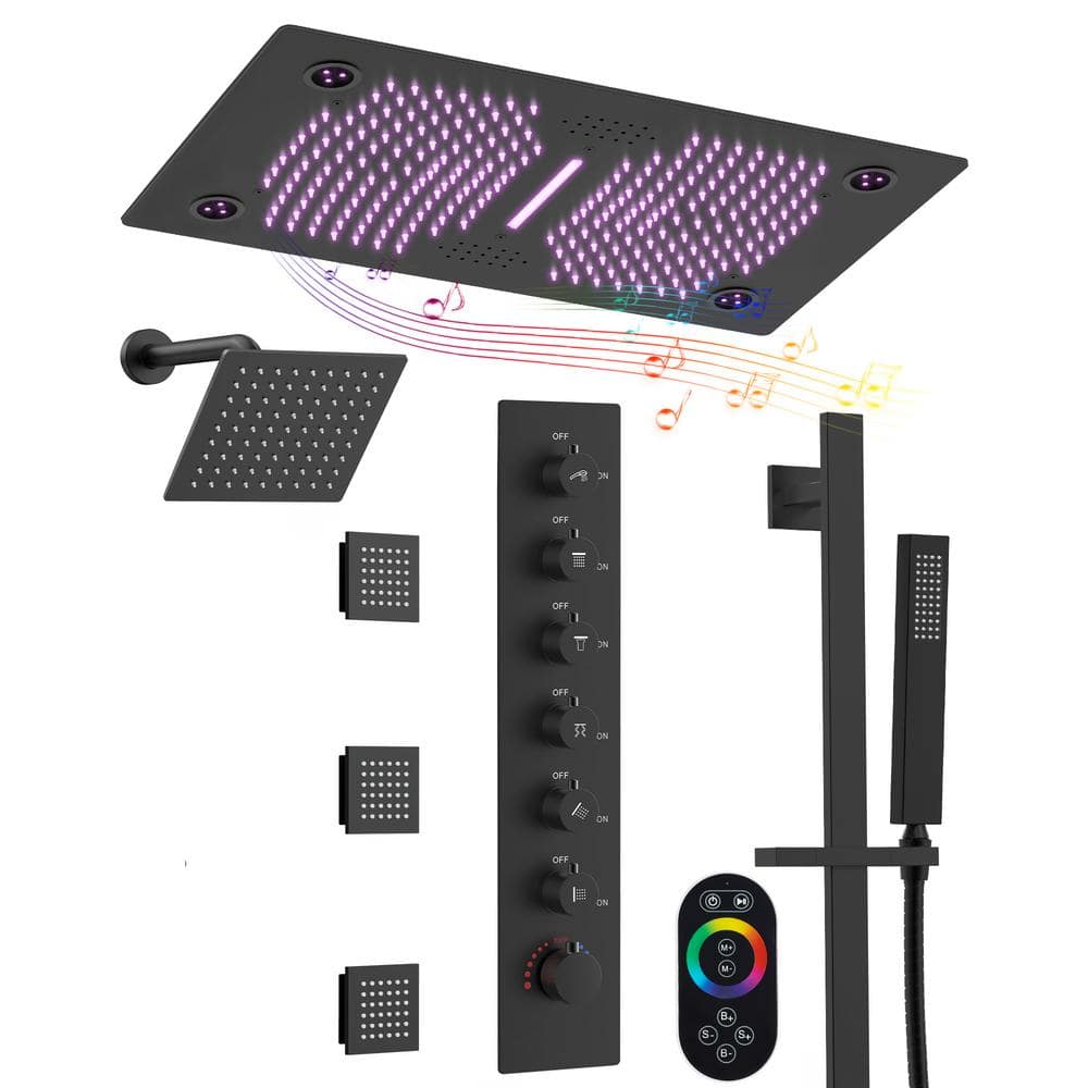 YAWWALK 6-Spray 28x16 in. Ceiling Mount LED Mood Lighting Music Dual Shower Head and Handheld ...