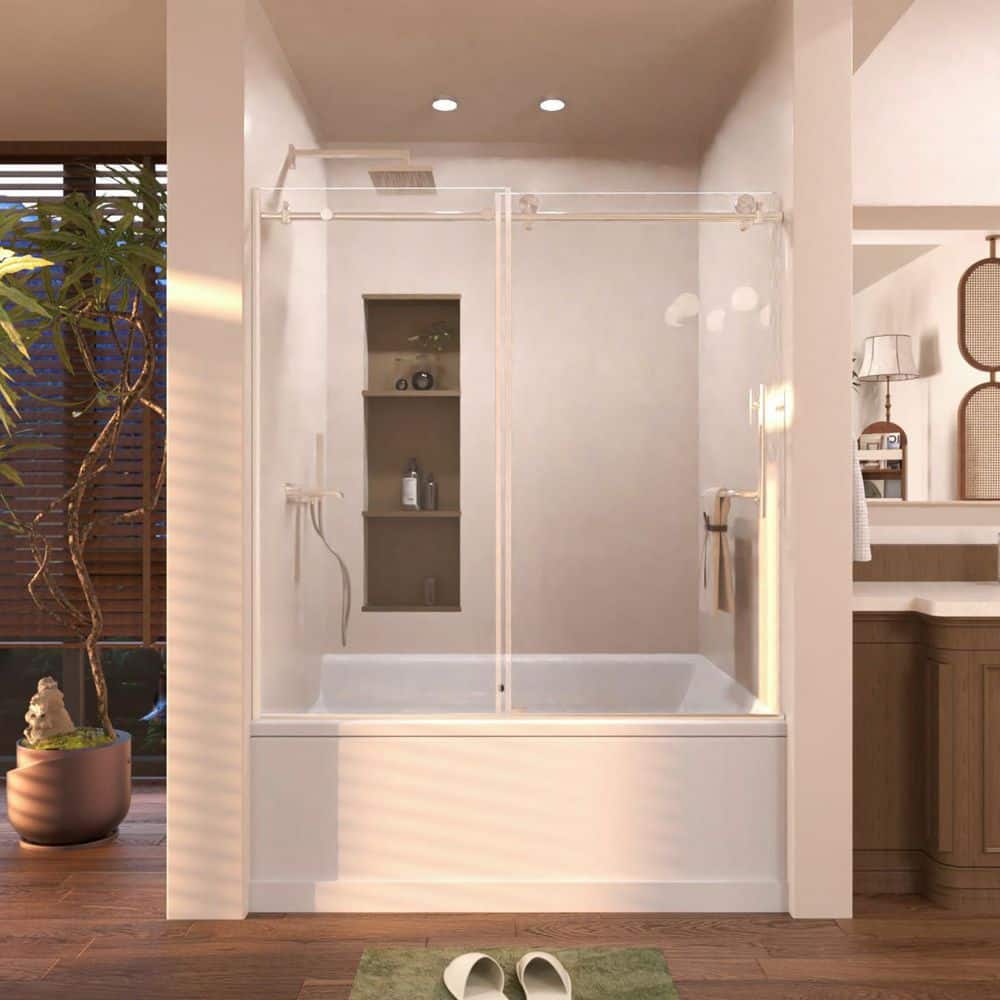 tydex Eon 60 in. W x 60 in. H Sliding Semi Frameless Tub Door in Brushed Nickel Finish with ...
