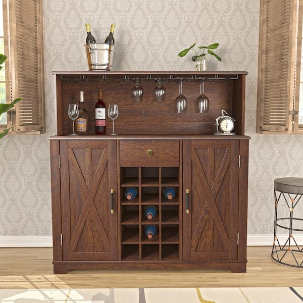 FESTIVO 47 in. Walnut Wood Buffet Bar Cabinet with Wine Rack with wood ...