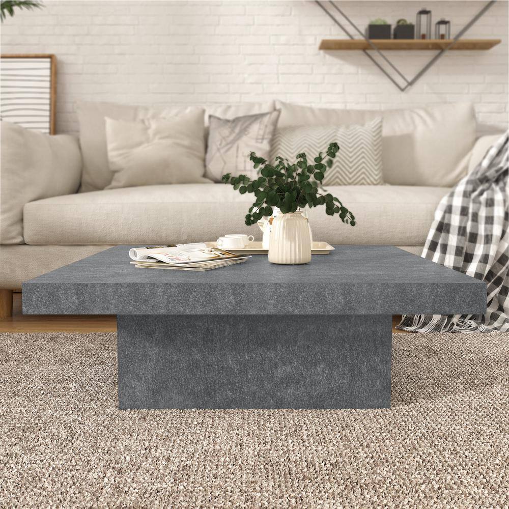 GALANO Carmelo 35.4 in. Cement Gray Stone Square Wood Top Coffee Table ...