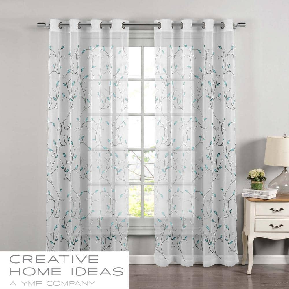 CREATIVE HOME IDEAS Wavy LeavesTurquoise Blue White 54 in. W x 96 in. L ...
