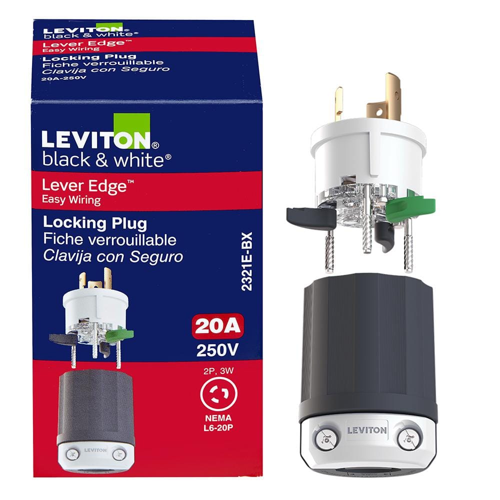 Leviton Black & White Lever Edge 20 Amp 250 Volt Locking Plug, NEMA L6 ...