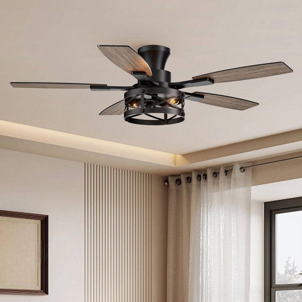LuminFan 52 in. Flush Mount Farmhouse Style Black Caged Ceiling Fan ...