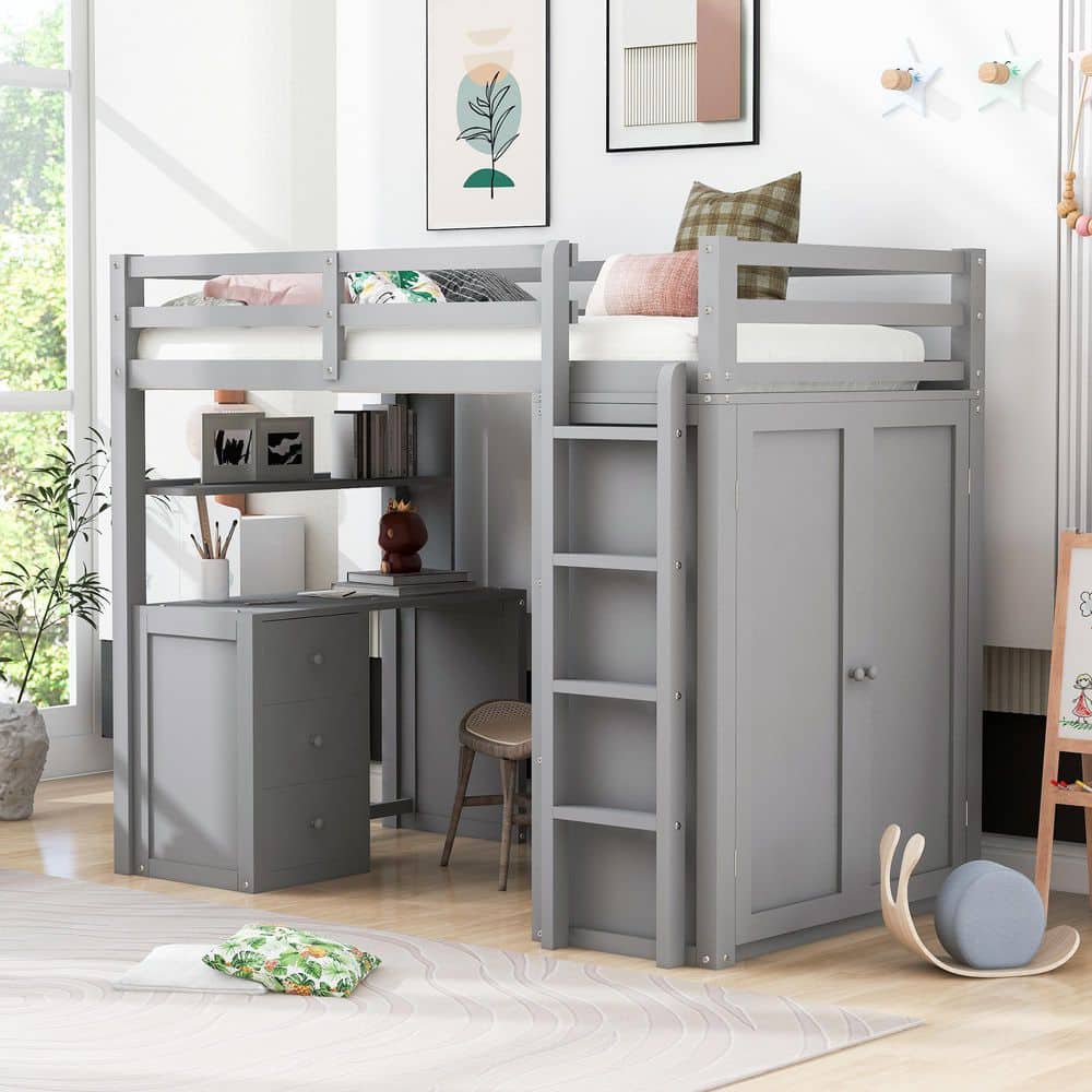 Polibi Gray Twin Size Wood Loft Bed with Drawers, Desk, and Wardrobe RD14-19620E-1 - The Home Depot