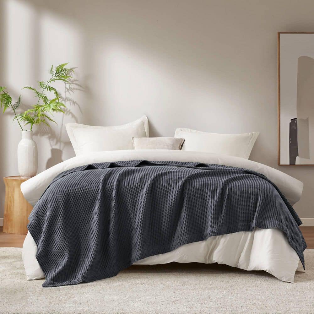 Madison Park Waffle Weave Dark Grey Cotton Full/Queen Woven Blanket BR51N-5004 - The Home Depot
