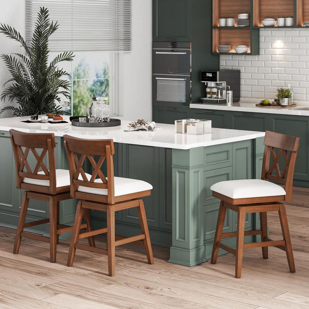 Gymax 2 in. Bar Stool Wooden Chair w/Contoured Backrest Swivel Padded ...