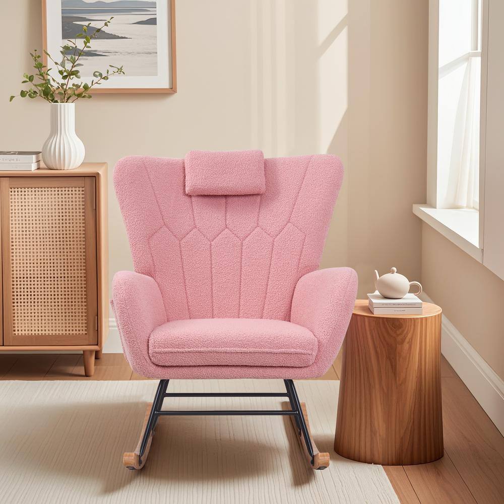 VECELO Pink Nursery Rocking Chair, Teddy Fabric Upholstered Glider ...