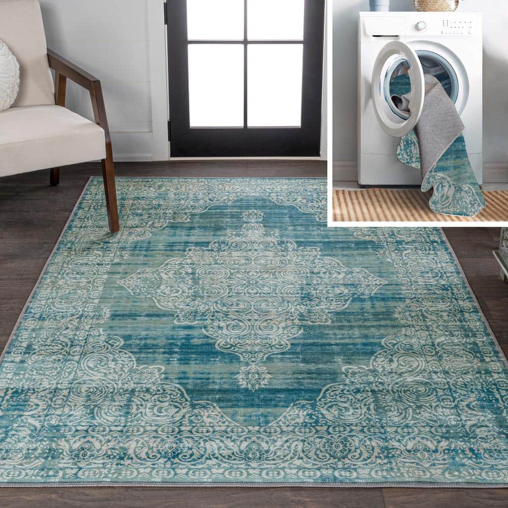 JONATHAN Y Regis Bohemian Medallion Machine-Washable Teal/Cream 5 ft. x ...