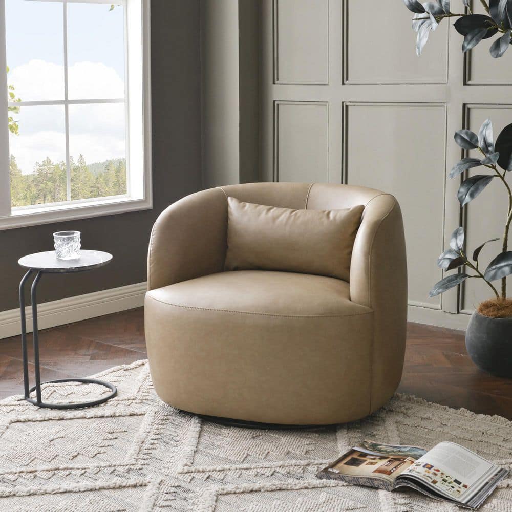 KINWELL Khaki PU Faux Leather Upholstered Swivel Armchair Set of 1 ...