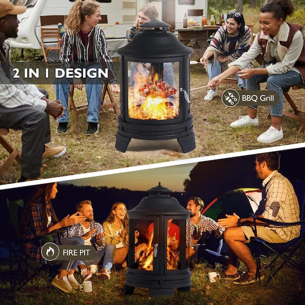 Pagoda Fire Pit 24" Pagoda Style Steel Wood Burning Fire Pit With Log