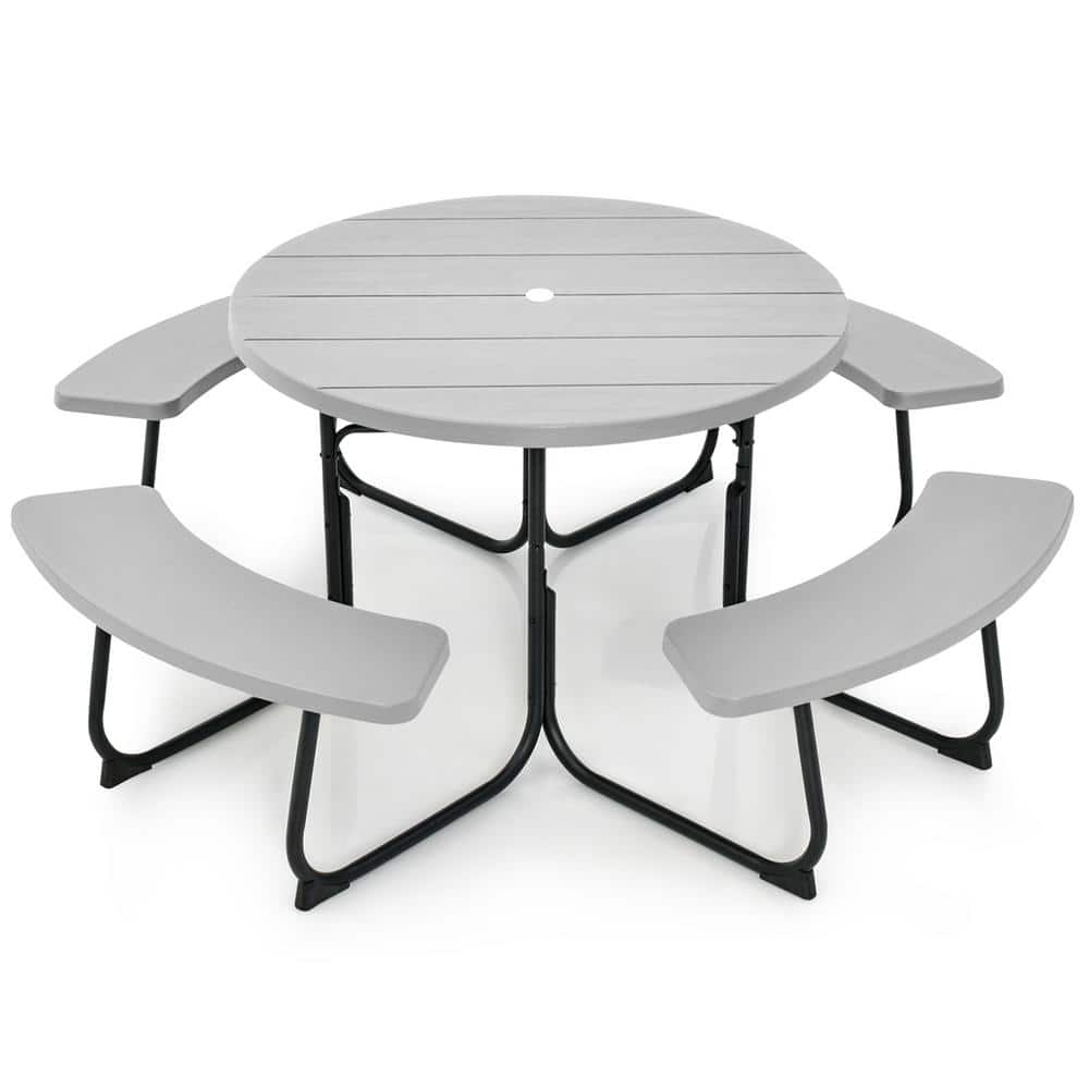 Costway 75 in. Grey Round Picnic Table Outdoor Bench Set Seats 8-People ...