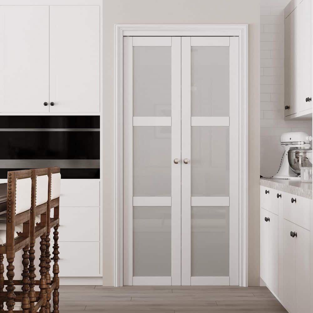 ARK DESIGN 36 in. x 80 in. 3-Lite Tempered Frosted Glass Solid Core ...