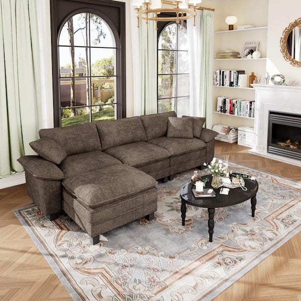 PHI VILLA 123.6 in. Flared Arm 4-Seat Chenille Modular Sectional Sofa ...