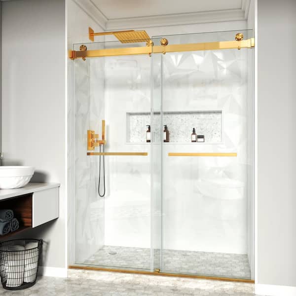 MOHALEN 56-61 in. W x 72 in. H Double Sliding Frameless Shower Door in Brushed Gold with 3/8 in ...