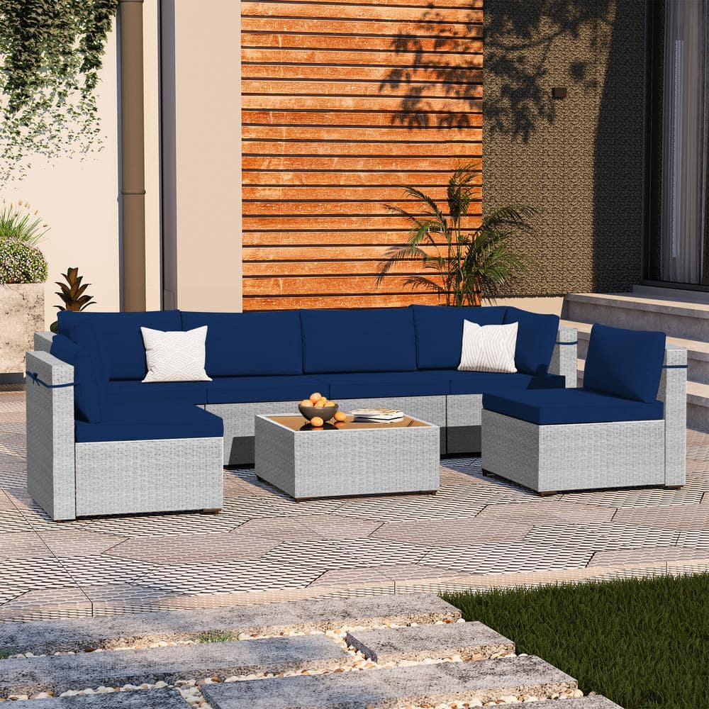 UPHA 7-Piece Wicker Outdoor Patio Conversation Sectional Seating Set ...