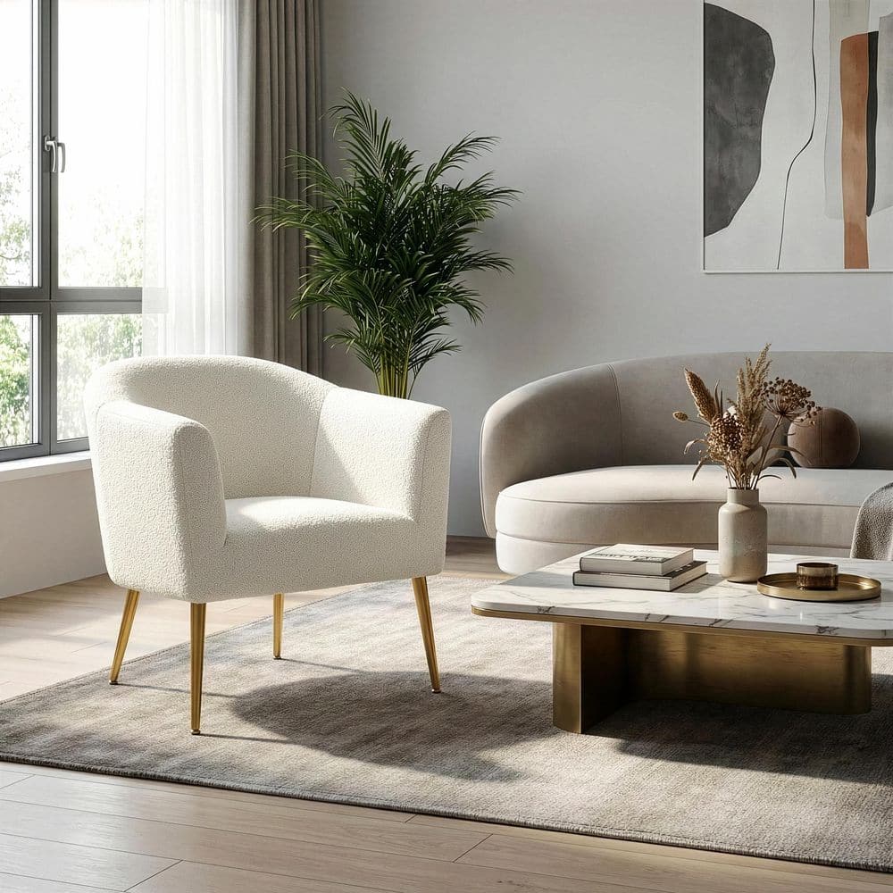 Glamour Home Ayami Boucle Fabric with Gold Legs Accent Chair in White ...