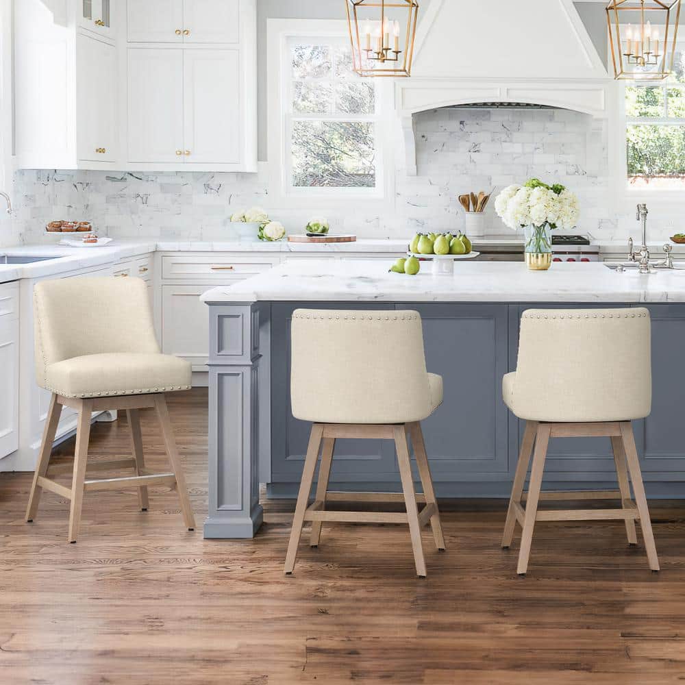 OrangeOne Hampton 26 in. Solid Wood Beige Swivel Bar Stools with Back ...