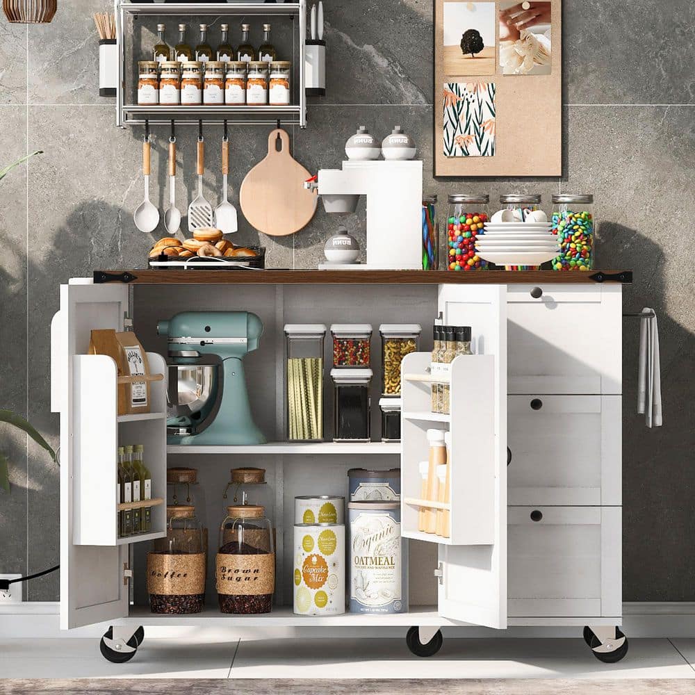 Dueyeeri White MDF Kitchen Cart with Drop Leaf and Power Outlet ...